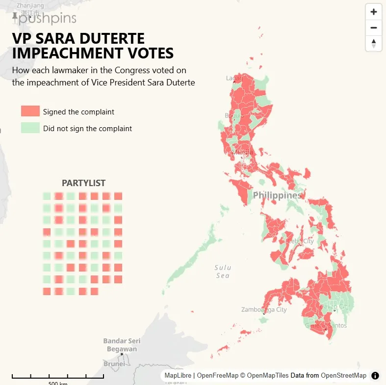 Mapped: Every Lawmaker Who Voted To Impeach Sara Duterte — Pushpins